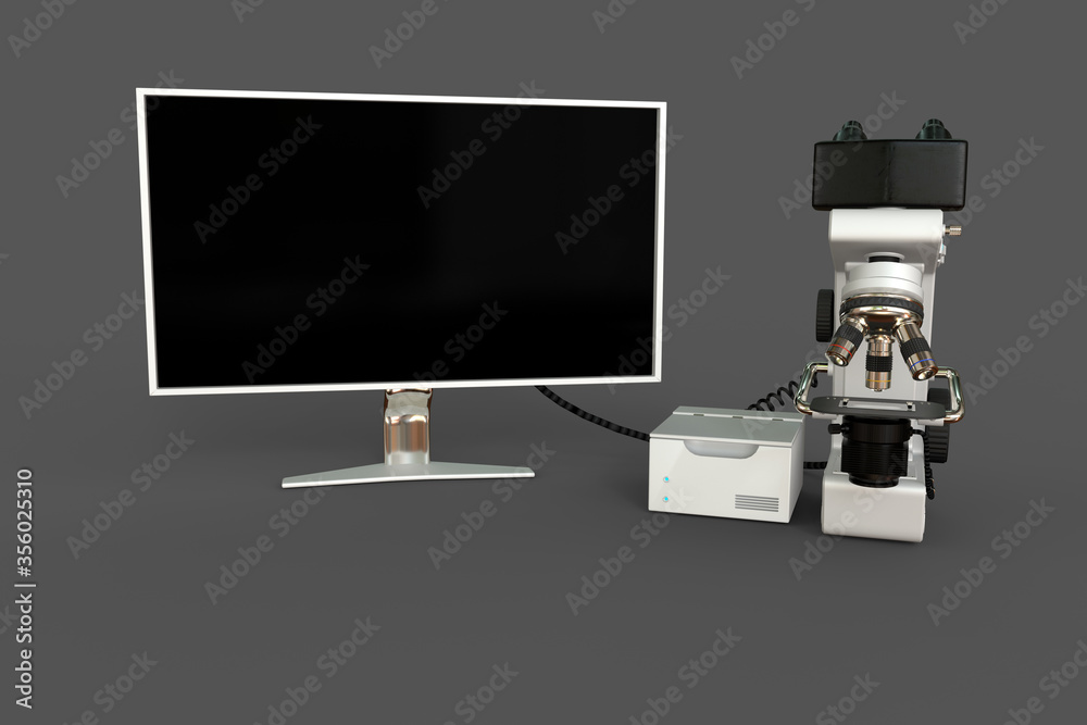 White electronic microscope, cpu box and blank screen isolated ...