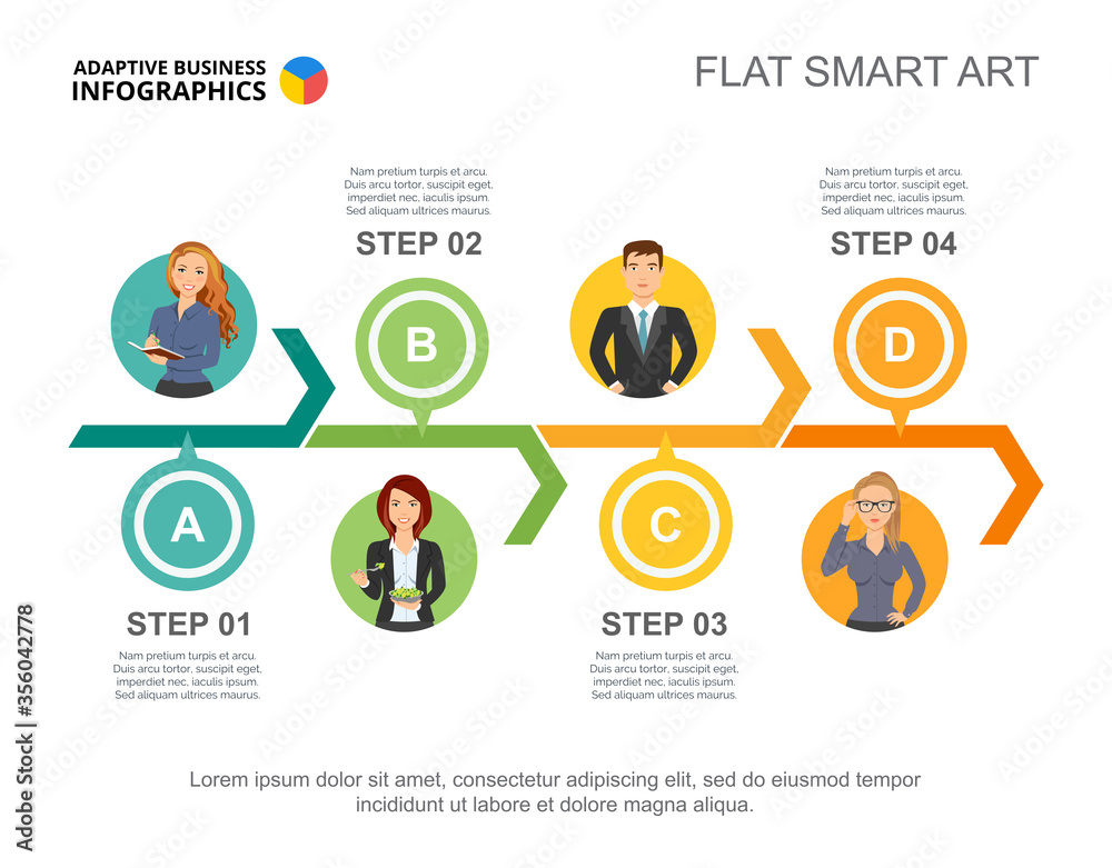 Four colleagues team process chart slide template. Business data ...