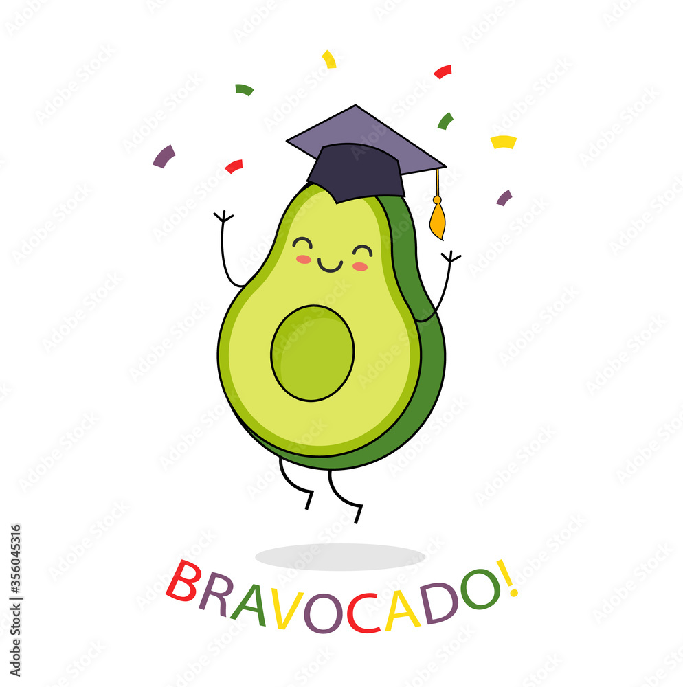 Happy jumping avocado character in graduation hat. Bravocado text ...