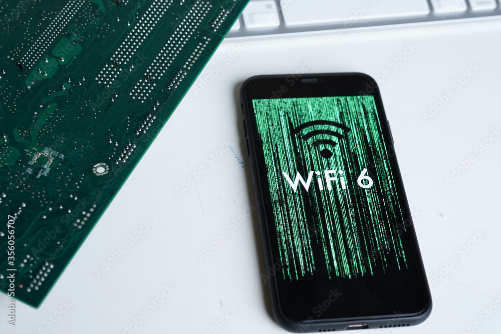 Smartphone with new wifi 6 on the screen. Wi-fi 6 is the next ...