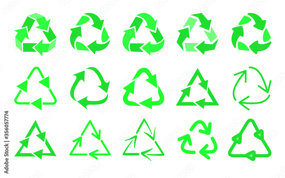 Vetor de Recycling symbols flat icon set. Biodegradable waste logo ...