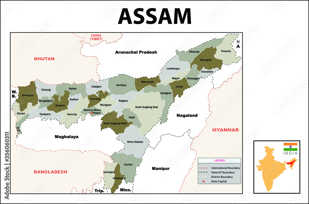Assam Map Political And Administrative Map Of Assam With Districts Assam Map Political And Administrative Map Of Assam With Districts