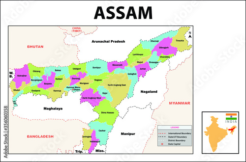 Assam map. Political and administrative map of Assam with districts ...
