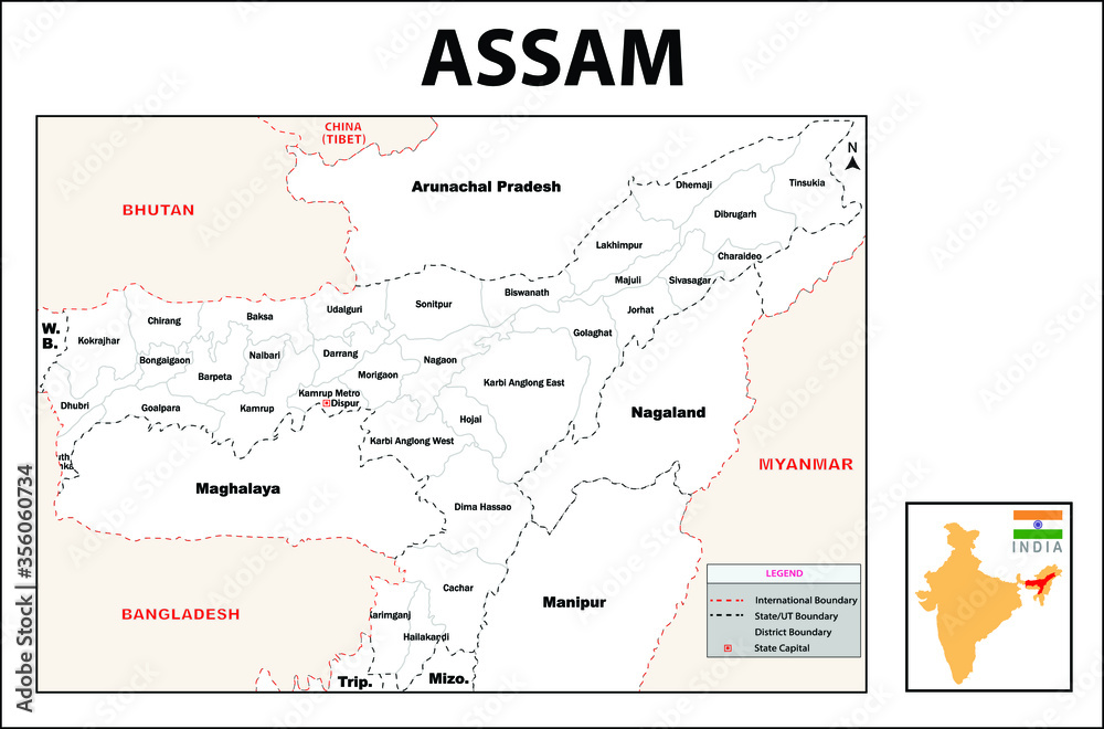 Assam map. Political and administrative map of Assam with districts ...