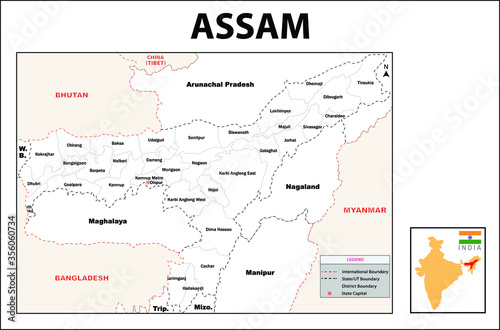 Assam map. Political and administrative map of Assam with districts ...