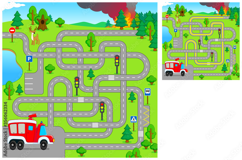 Maze for kids with fire engine. Find the right path to the forest fire ...