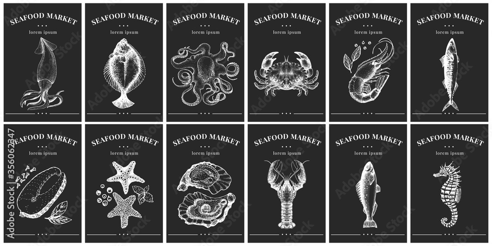 Labels with seafood. Vintage set templates price tags for shops and ...