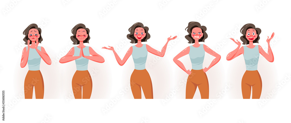 Young lady cartoon character portrait wit different emotions and facial ...