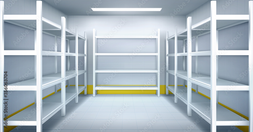 Cold room in warehouse with empty metal racks. Vector cartoon interior ...