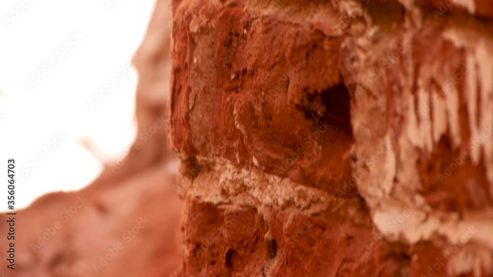 Antique brickwork of red broken brick. Ruined wall close up. Sharp ...