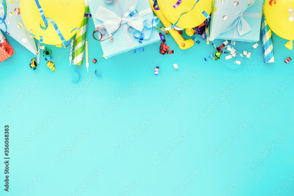 Celebration background with gift box, colorful party streamers ...