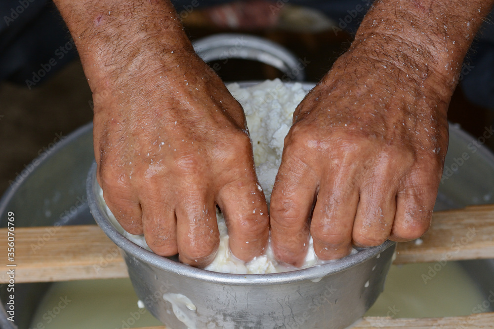 Handmade production of cheese. Typical process of pressing Stock Photo ...
