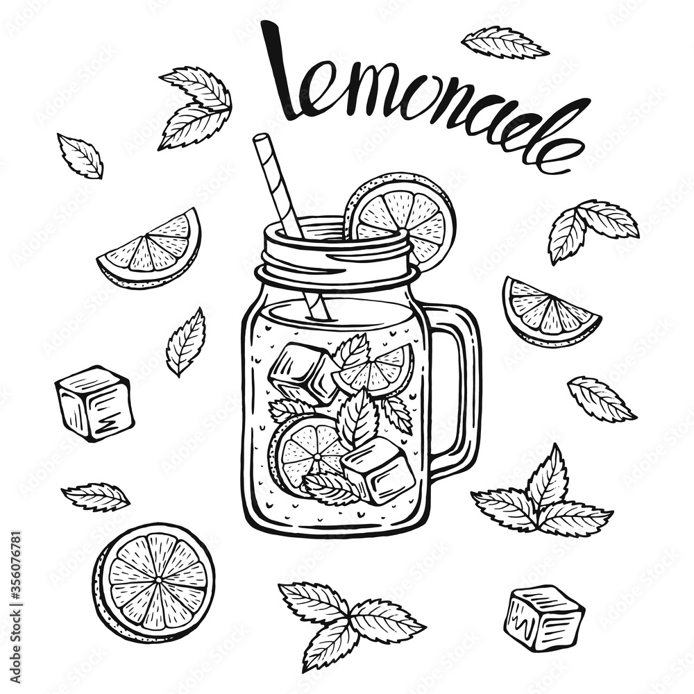 Lemonade mug with ice and a slice of lemon and a straw and mint leaves ...