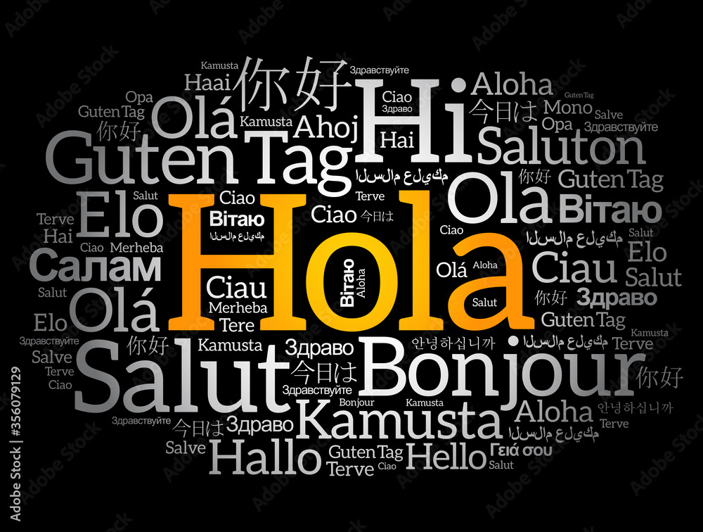 Hola (Hello Greeting in Spanish) word cloud in different languages of ...
