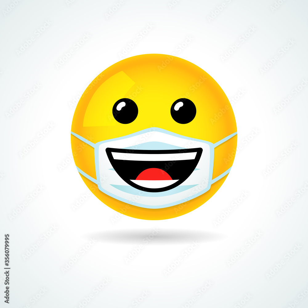 Emoji smile face with guard mouth mask. Yellow happiness smiling ...