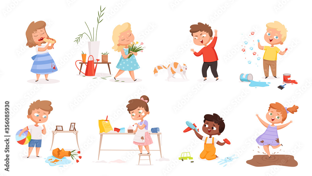 Kids destroy. Little delinquent messy children hyperactivity energy ...
