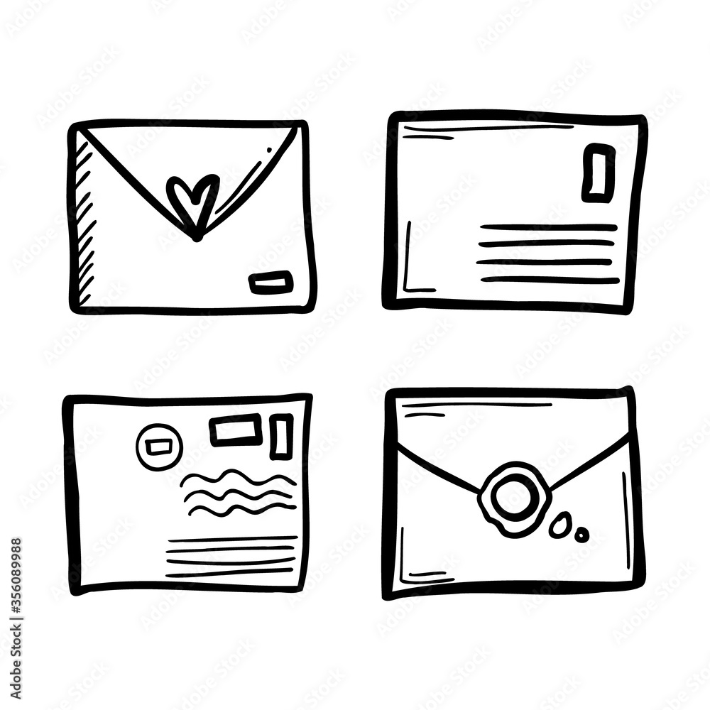 Cute stylized doodle envelopes. A hand-drawn set of elements - open ...