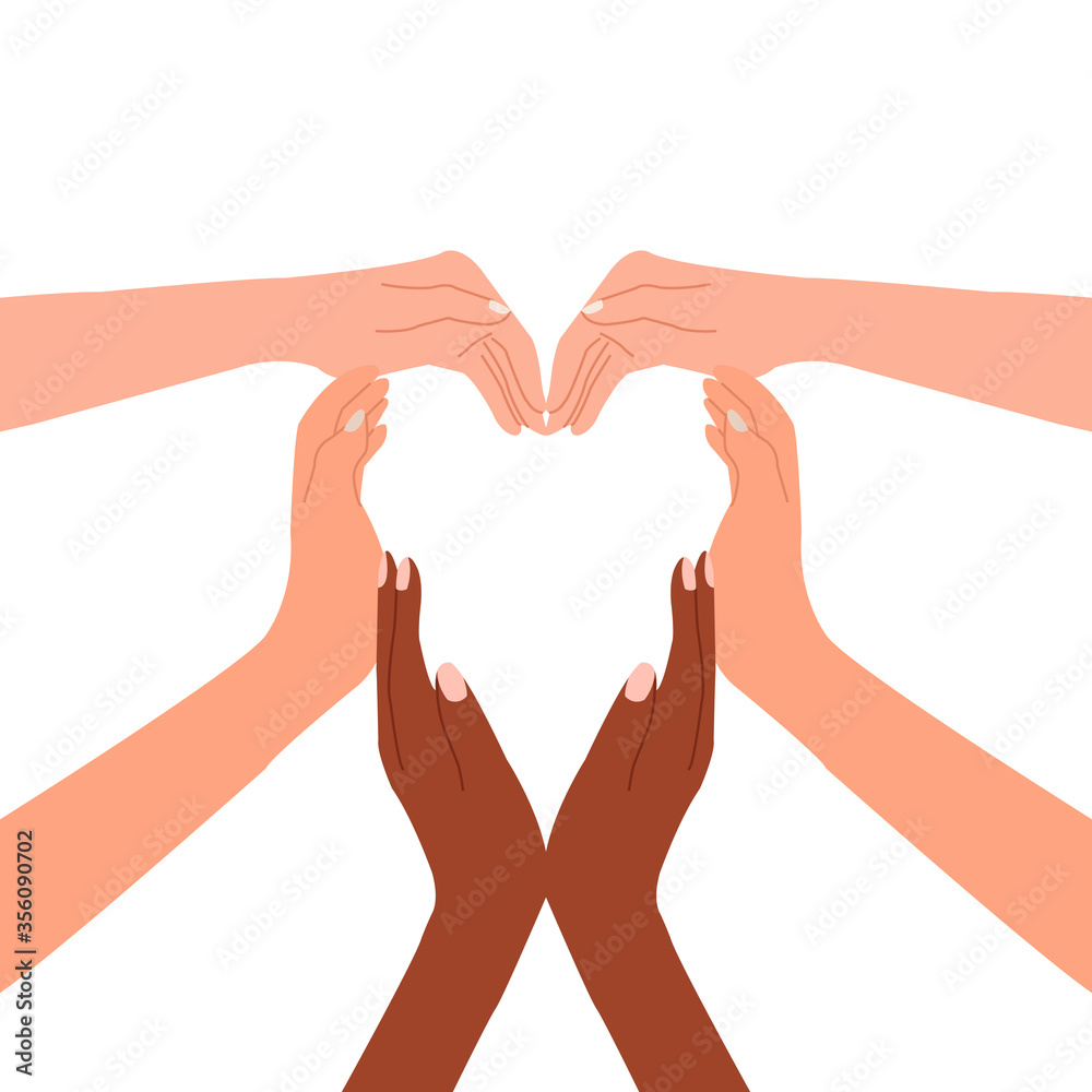 Multiracial hands together formed a heart symbol as a protest sign for ...