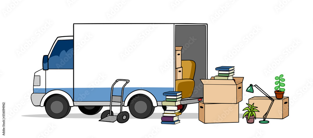 LKW einer Umzugsfirma mit Umzugskartons beim Umzug Stock Illustration ...