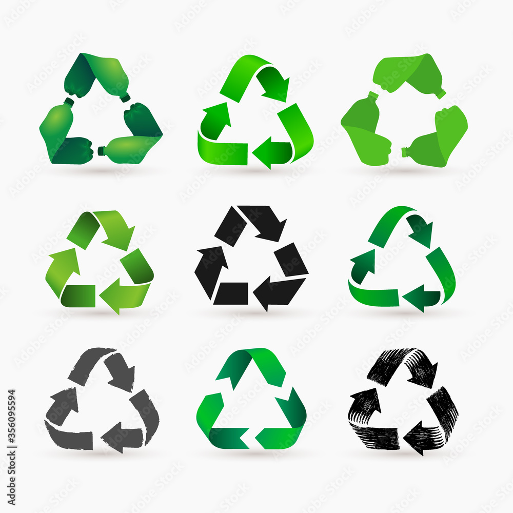 Set of green pet plastic bottles form mobius loop or recycling symbol ...
