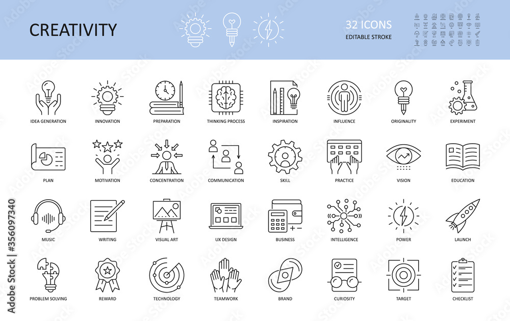 Set of vector creativity icons. Editable Stroke. Idea generation ...