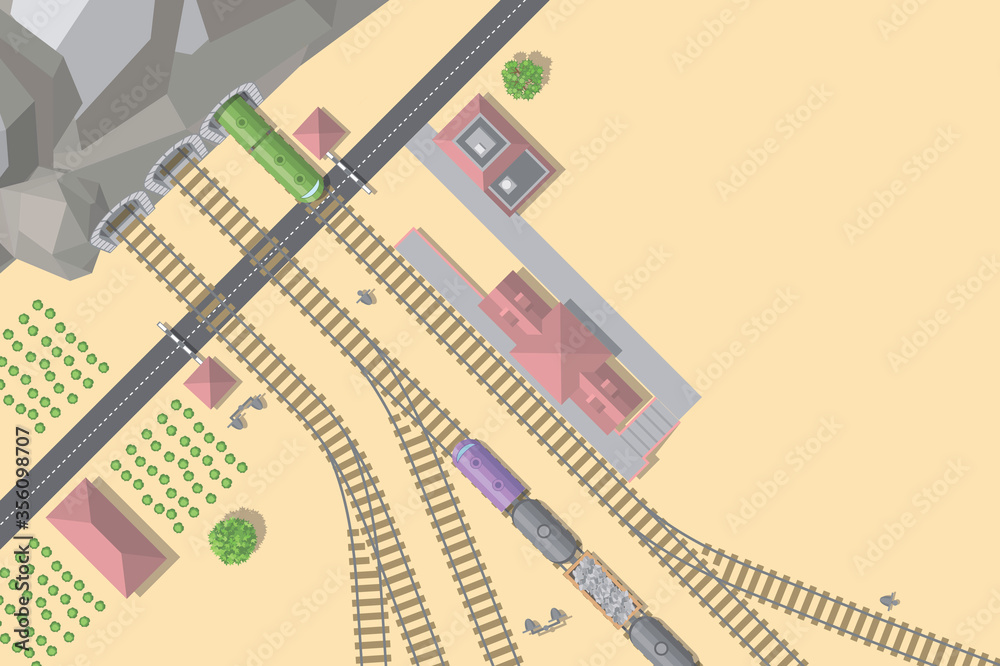 Vector illustration. Railroad and train station. (Top view) Tunnel ...
