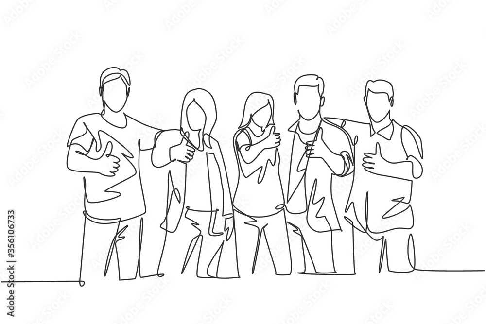 One line drawing of groups of young happy college students giving ...