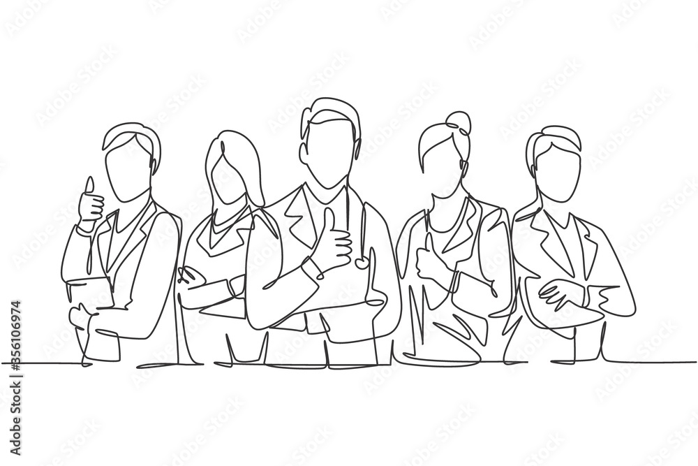 One line drawing of groups of young happy doctors giving thumbs up ...