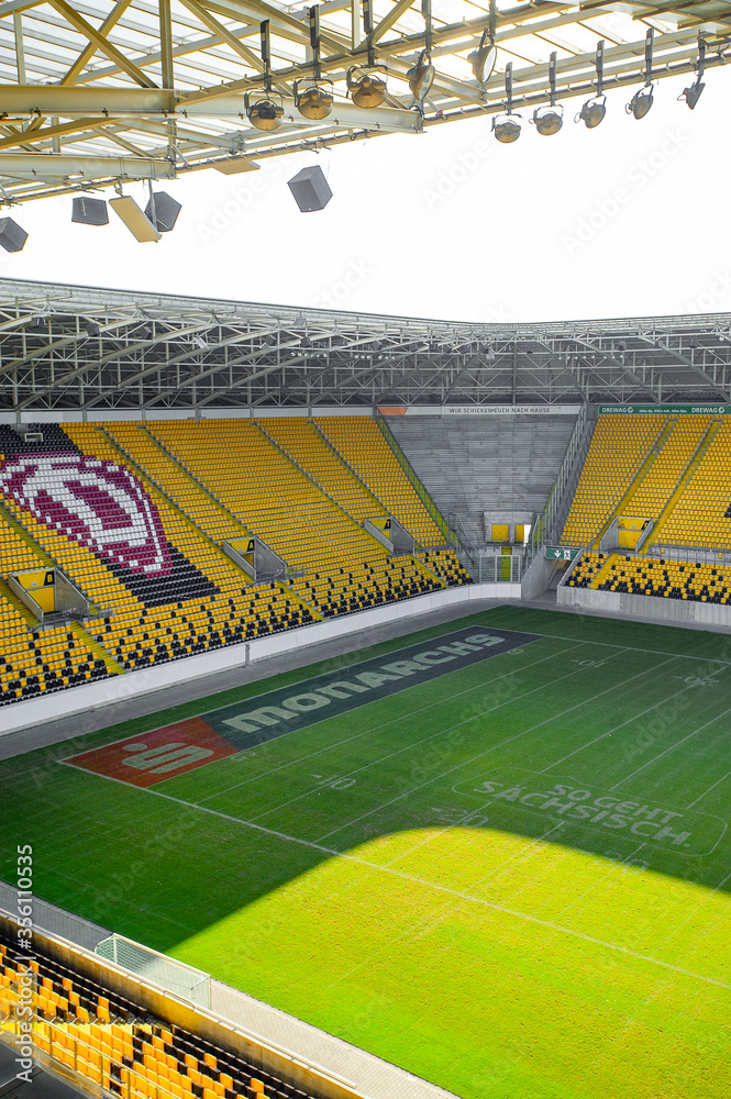 Dresden, Germany - June 3, 2019: A general view empty seats on tribunes ...