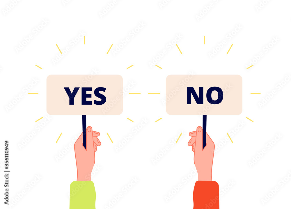 Yes no banner. Choice, vote icons. Businessman hand holding plates with ...