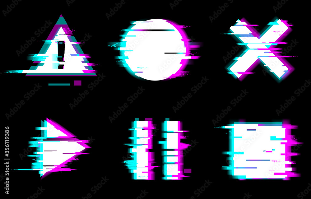 Vecteur Stock Distorted glitch style buttons vector illustration set ...