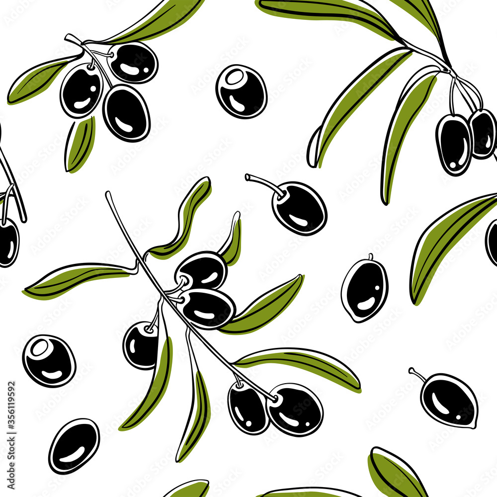 Olives. Seamless pattern. Colorful sketch of olives and olive branches ...