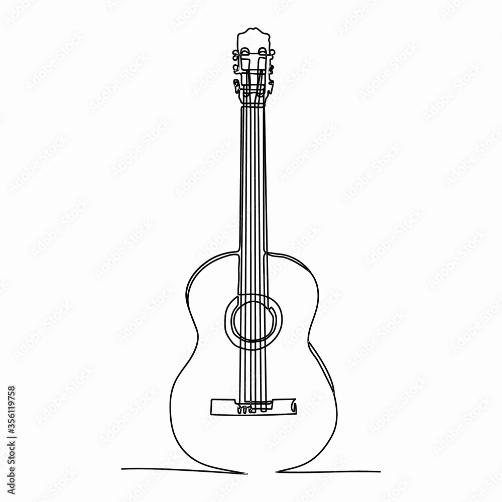 Continuous line drawing of acoustic guitar. Guitar and bass object to ...