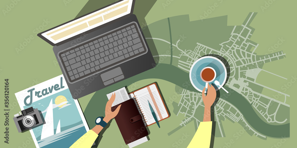Travel and work remotely. Top view illustration, vector mockup for a ...