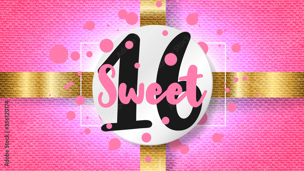 Sweet 16. Number on white round sticker, gold ribbon on pink grunge ...