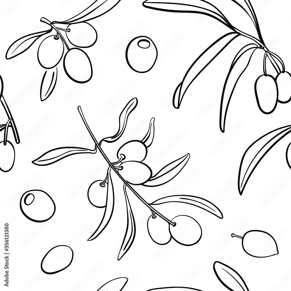 Olives. Seamless pattern. Black line sketch of olives and olive ...