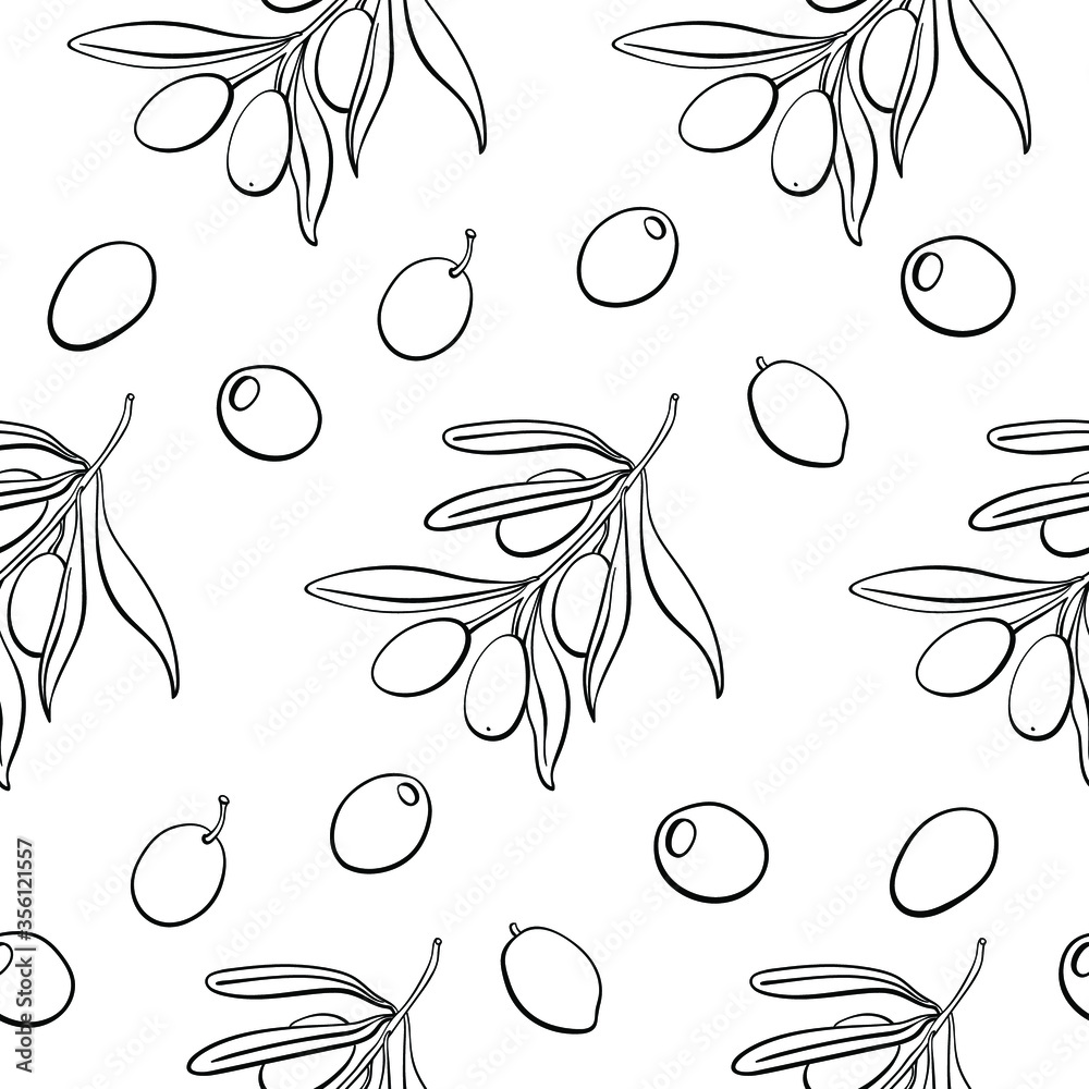 Olives. Seamless pattern. Black line sketch of olives and olive ...