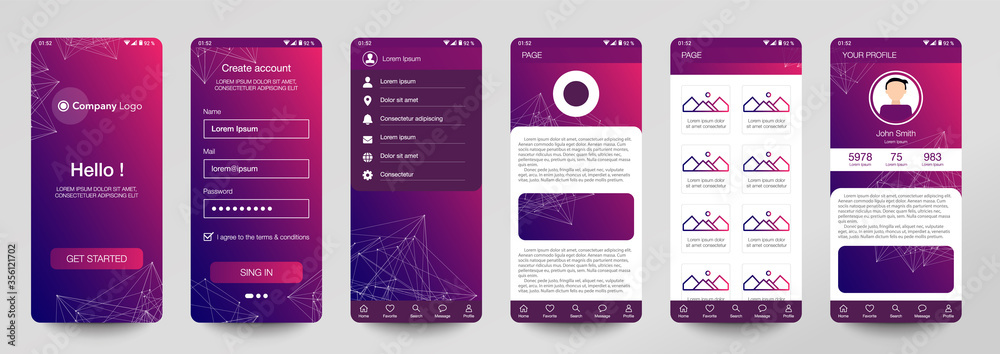 Design of mobile app, UI, UX, GUI. Set of user registration screens ...