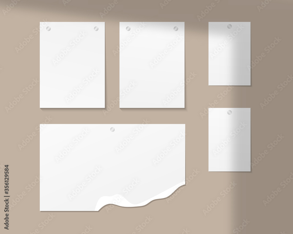 Mood board mockup template. Empty sheets of white paper on the wall ...