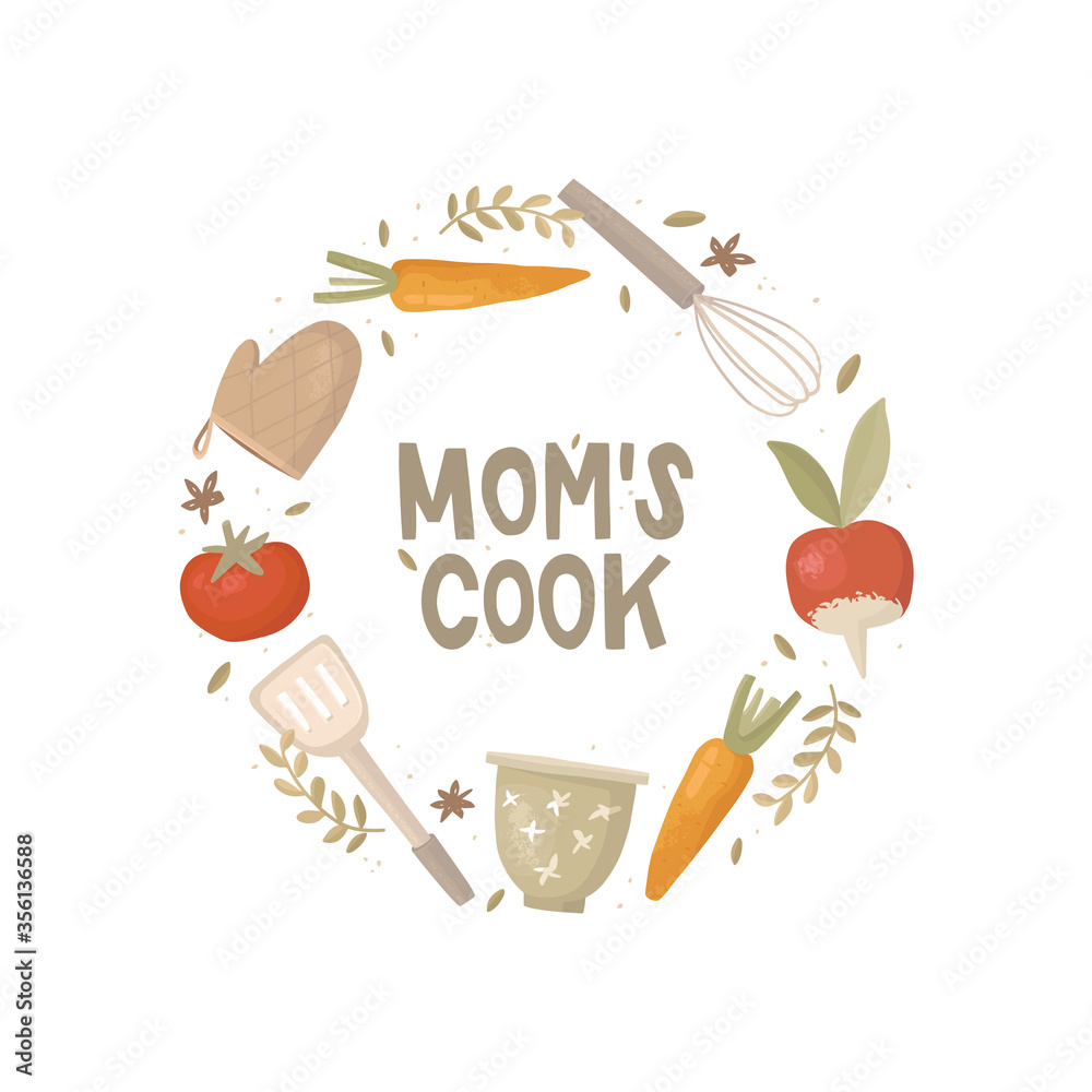 Mom's cook handwritten lettering in a round frame. Framing of kitchen ...