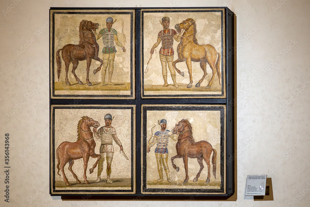 Rome, Italy - January, 8, 2020. Ancient mosaic on display of National ...