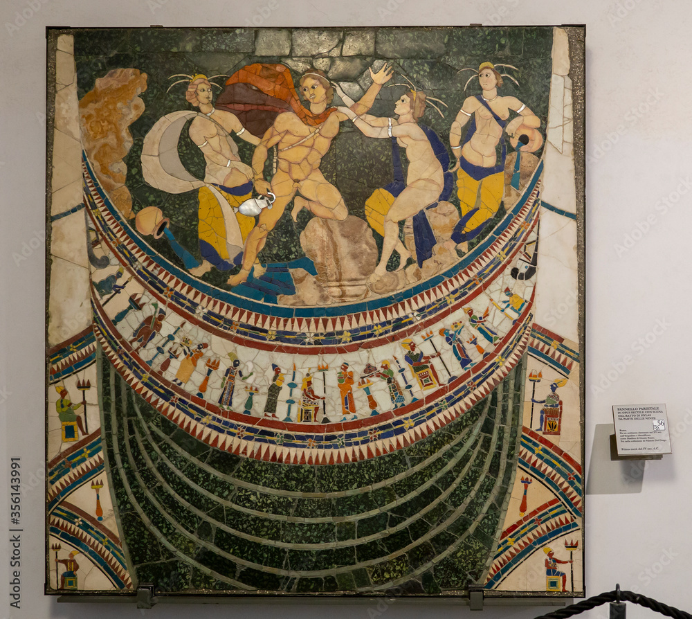 Rome, Italy - January, 8, 2020. Ancient mosaic on display of National ...