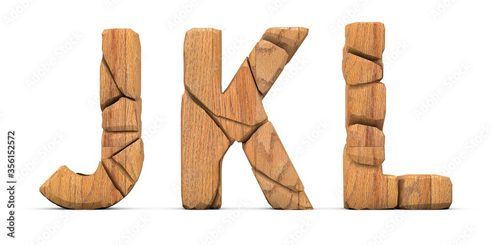 Wooden cracked letters J K L. Letters isolated on white background. English alphabet 3D ...