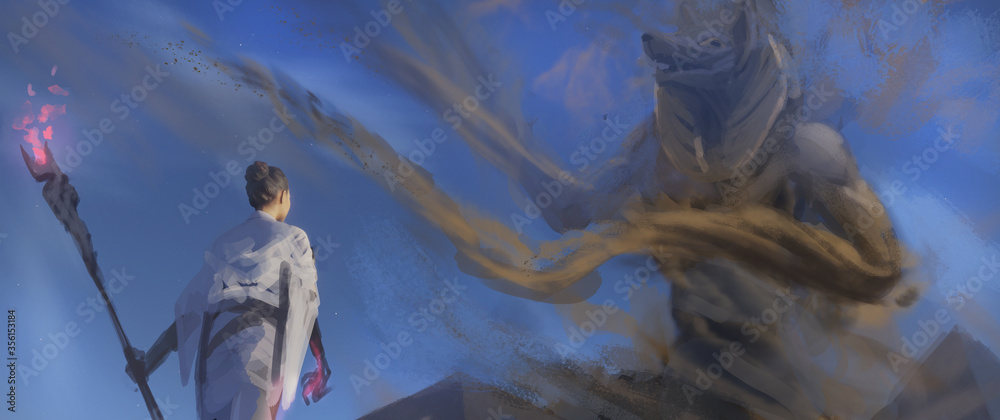 Digital illustration of a female mage warrior fighting a giant anubis ...