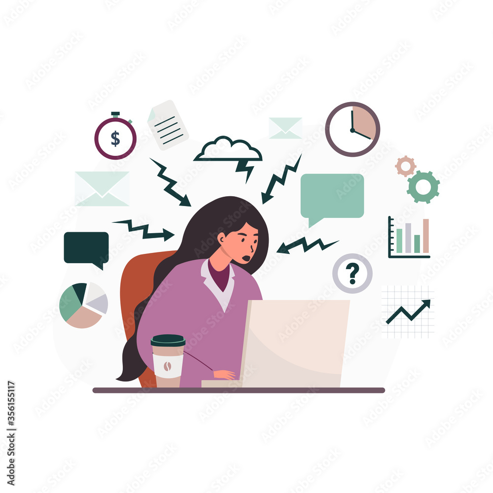 Flat cartoon illustration of a woman under stress working at a laptop ...