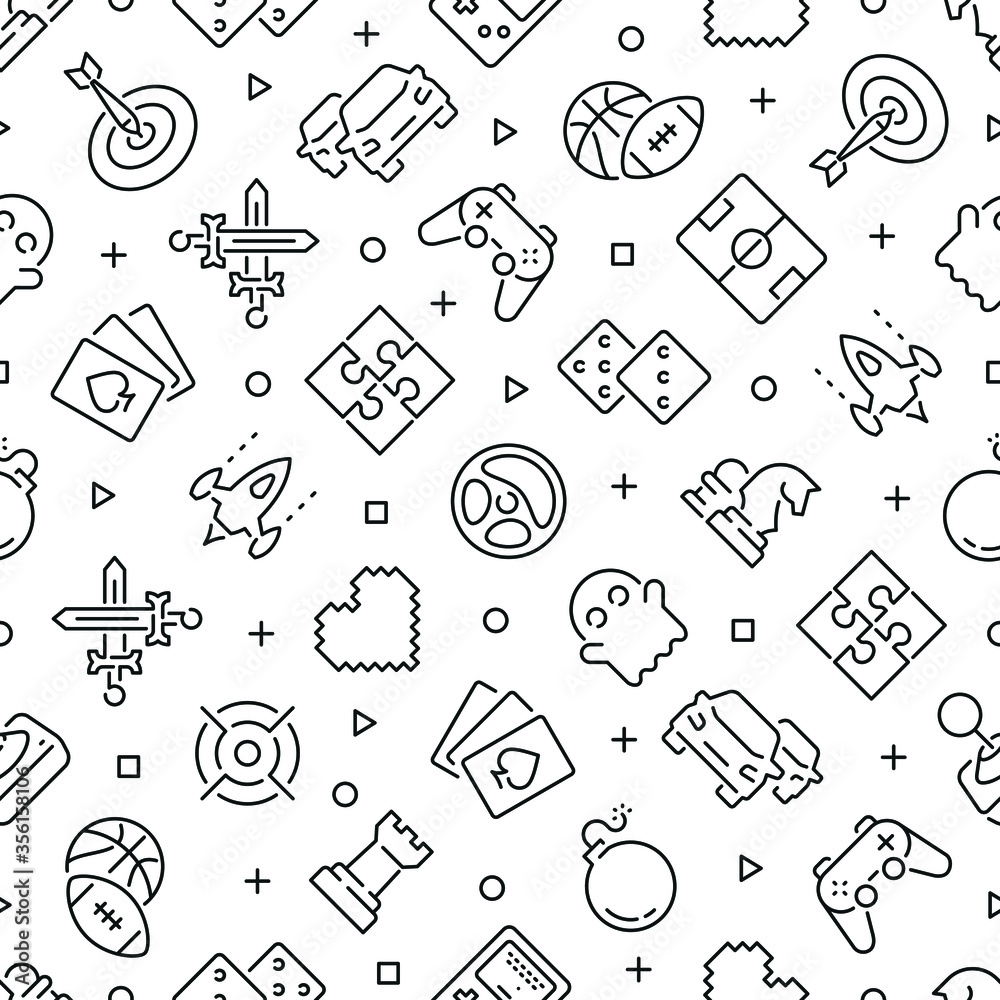 Seamless pattern with video games. Black and white thin line icons ...