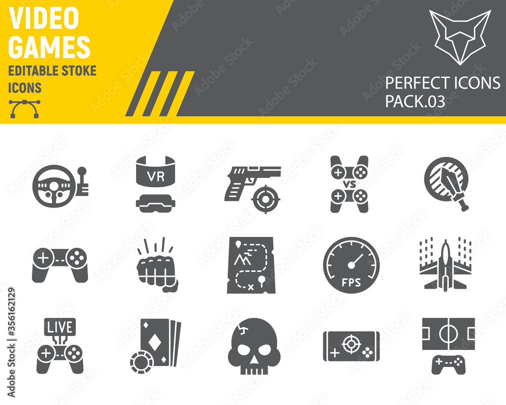 Video games glyph icon set, gaming symbols collection, vector sketches ...