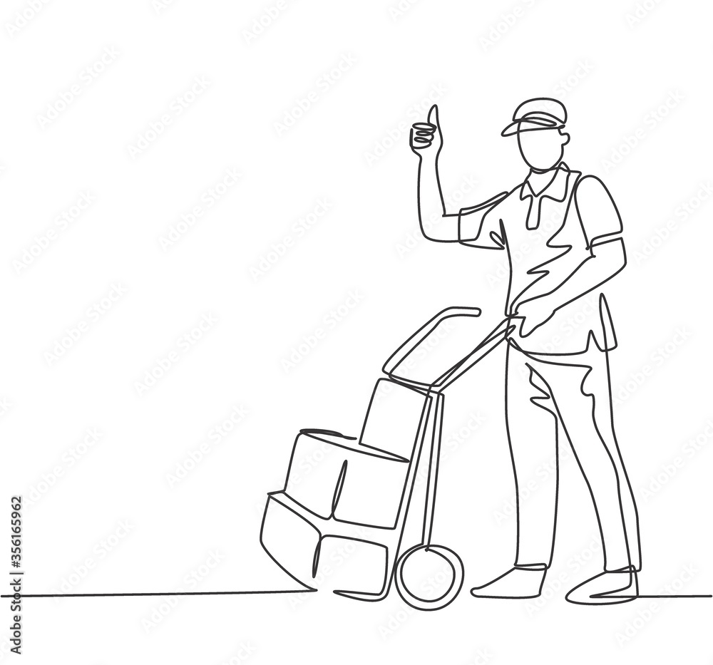 One line drawing of young delivery man gives thumbs up gesture while ...