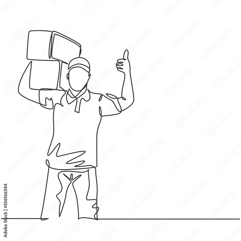 One line drawing of young happy delivery man gives thumbs up gesture ...