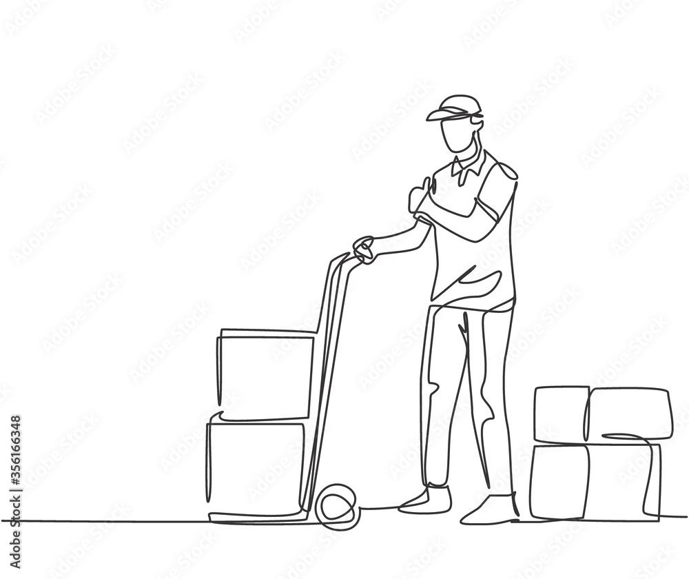 One line drawing of young delivery man gives thumbs up gesture while ...